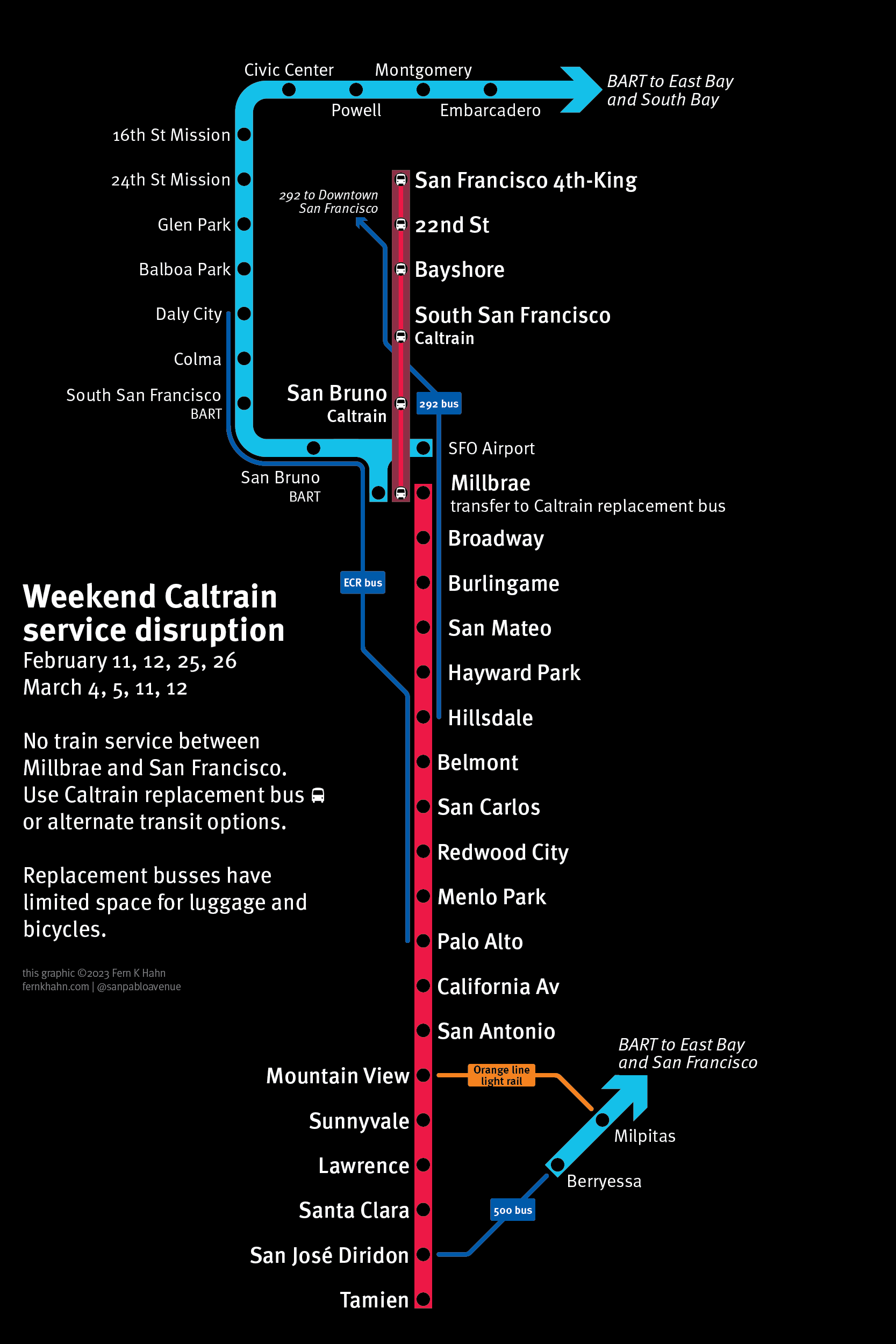 Fern K Hahn - Caltrain weekend disruption map