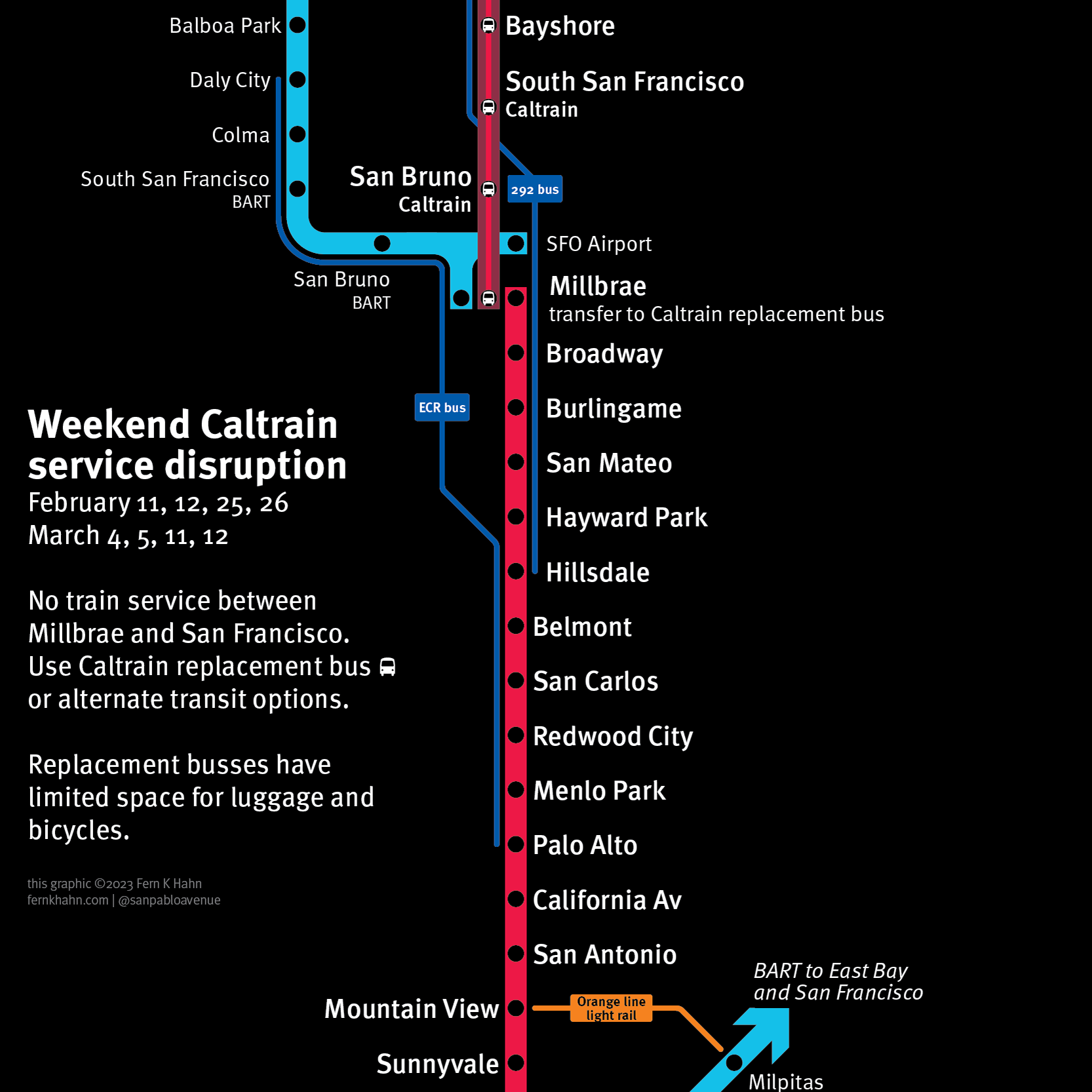 Fern K Hahn - Caltrain weekend disruption map