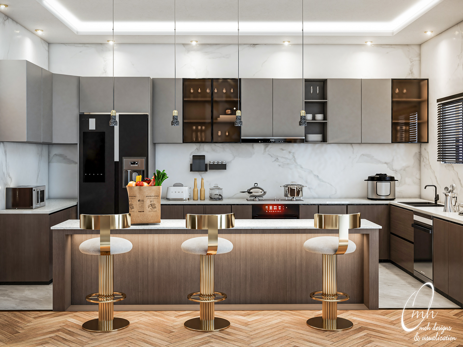 MOH Designs & Visualization - Luxurious Villa Living Room and Open Kitchen