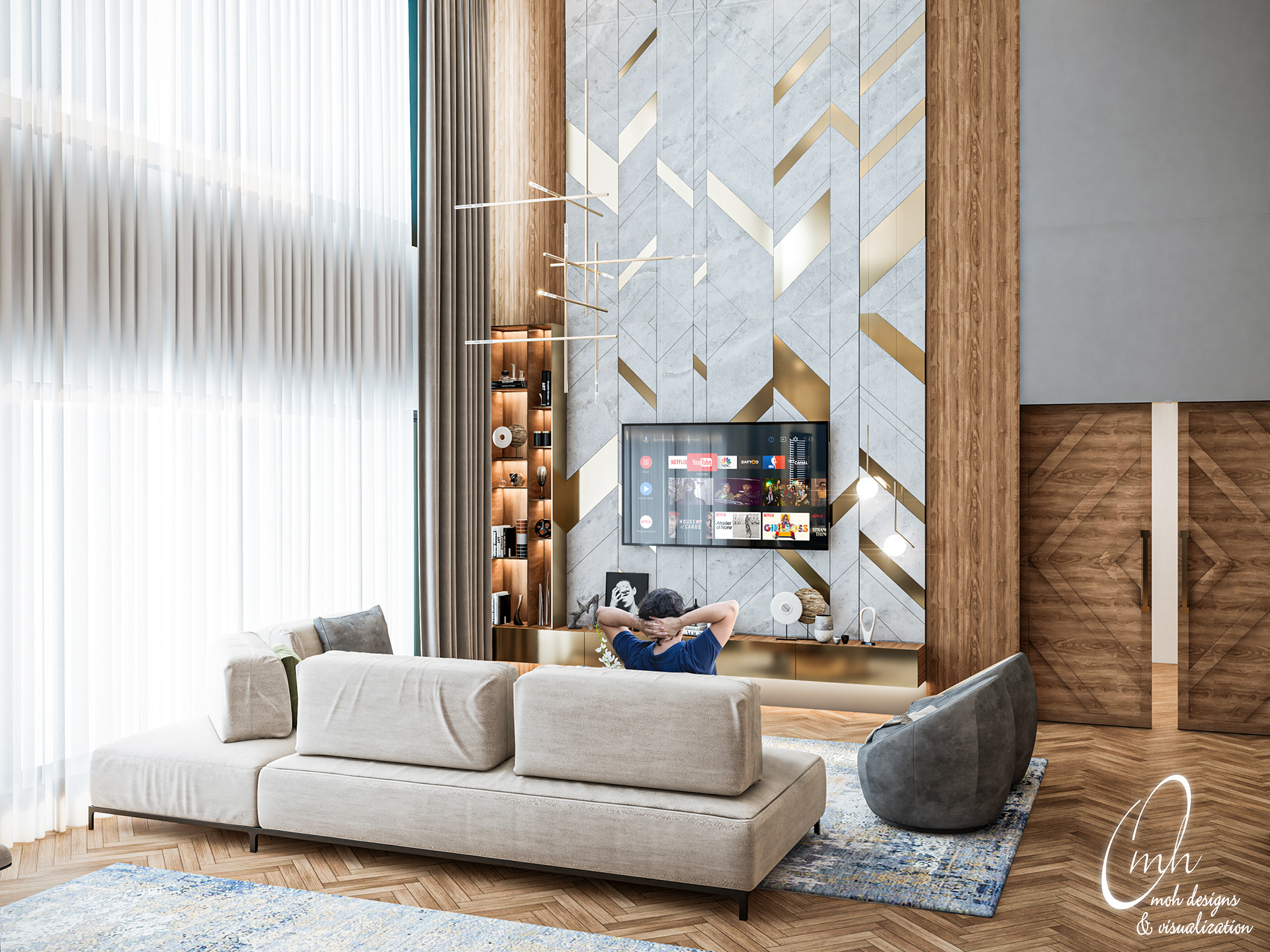 MOH Designs & Visualization - Luxurious Villa Living Room and Open Kitchen