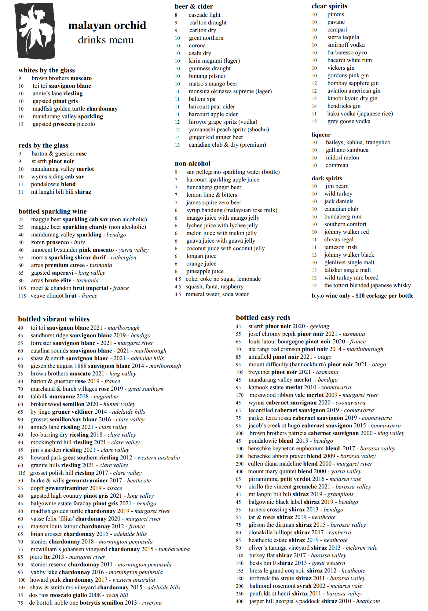 Malayan Orchid - Drinks Menu