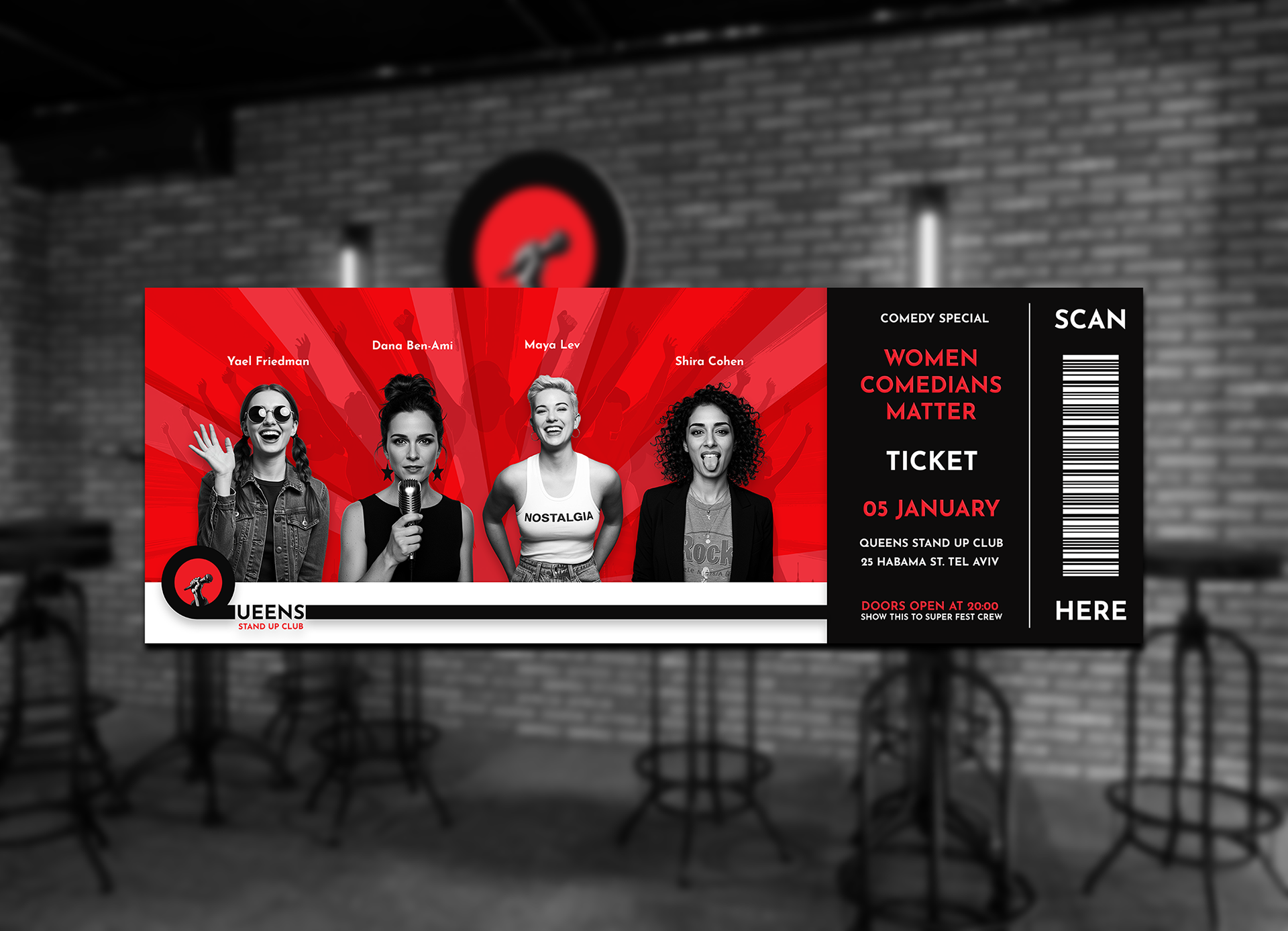Nikita Roskin - QUEENS STAND UP CLUB - Branding and logo design.