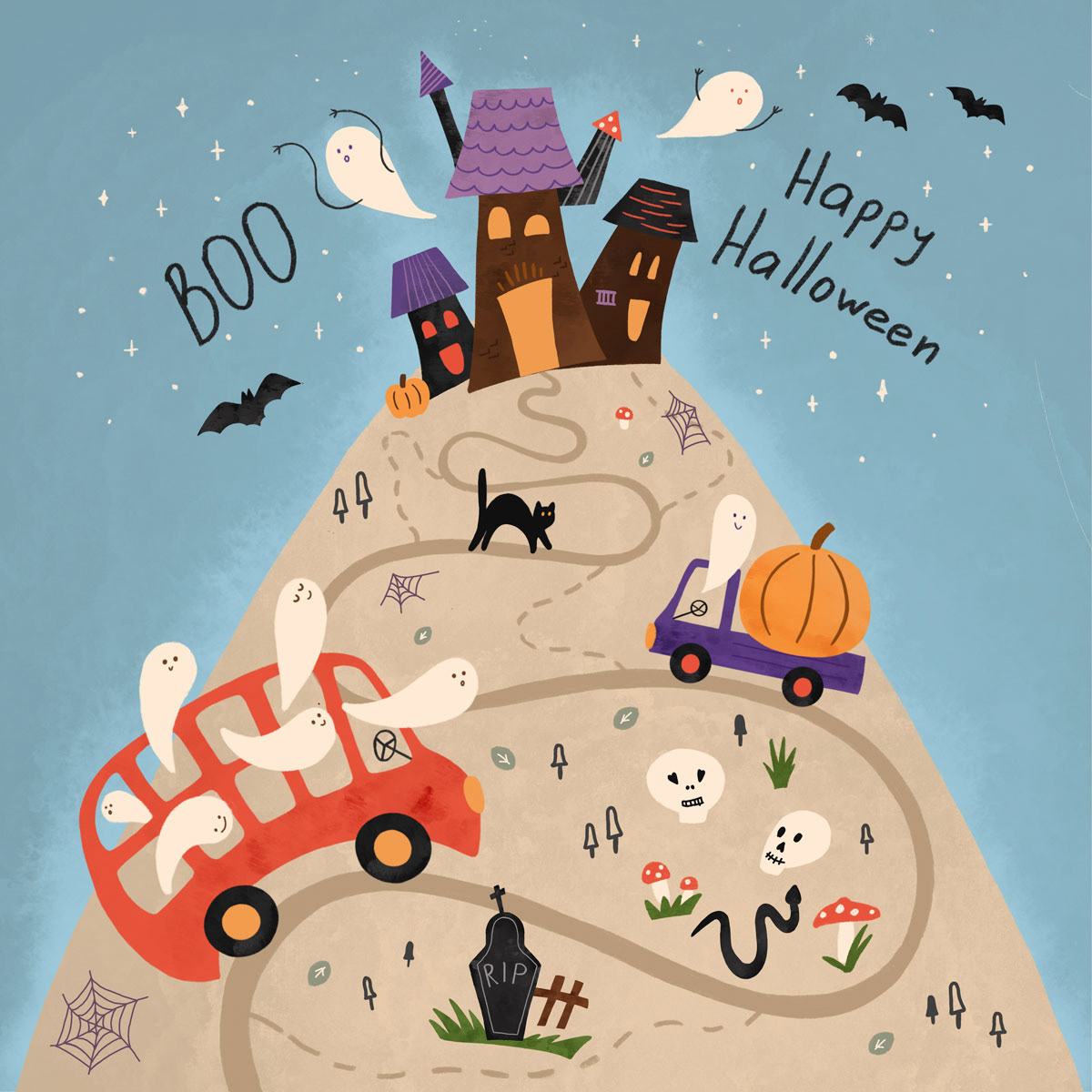 Tani Kuzmina Children Illustrator - Hallowen road map with bus, spooky ...