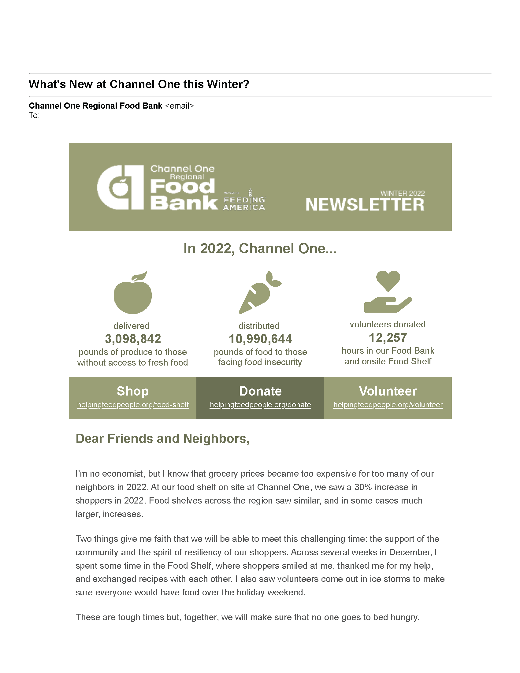 Haley Bice - Email Sample - Channel One Food Bank Newsletter