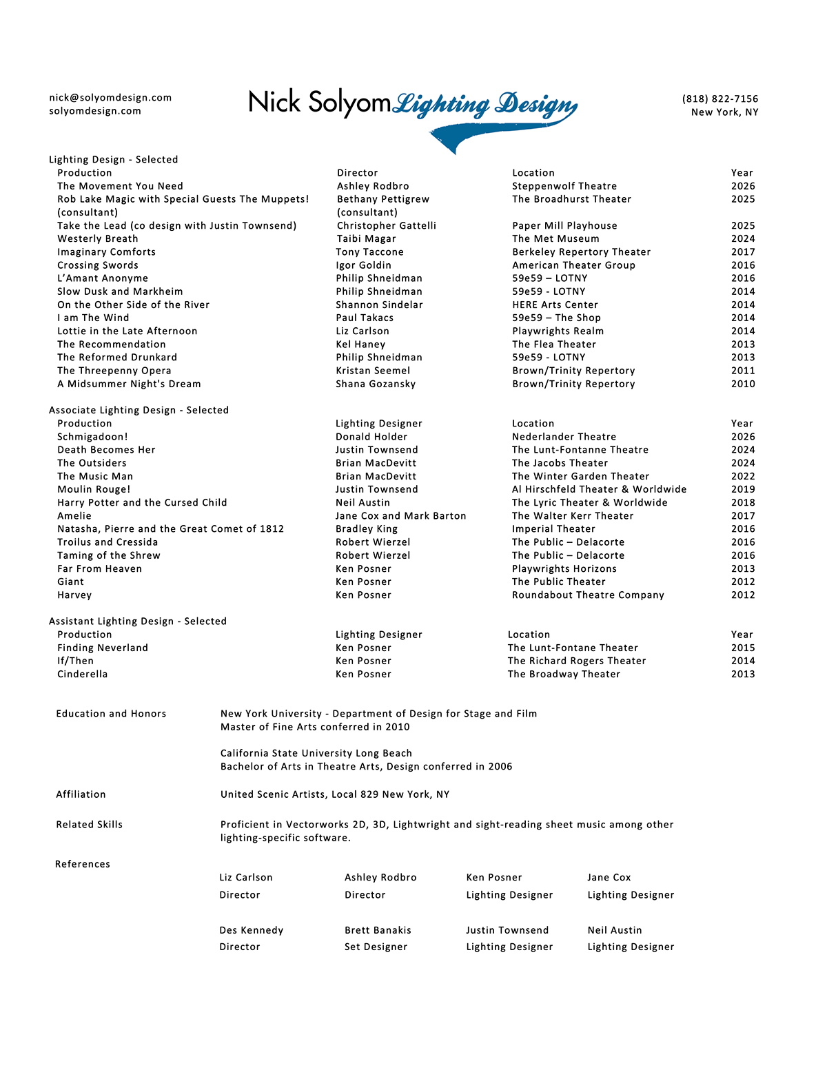 Nick Solyom Lighting Design - Resume