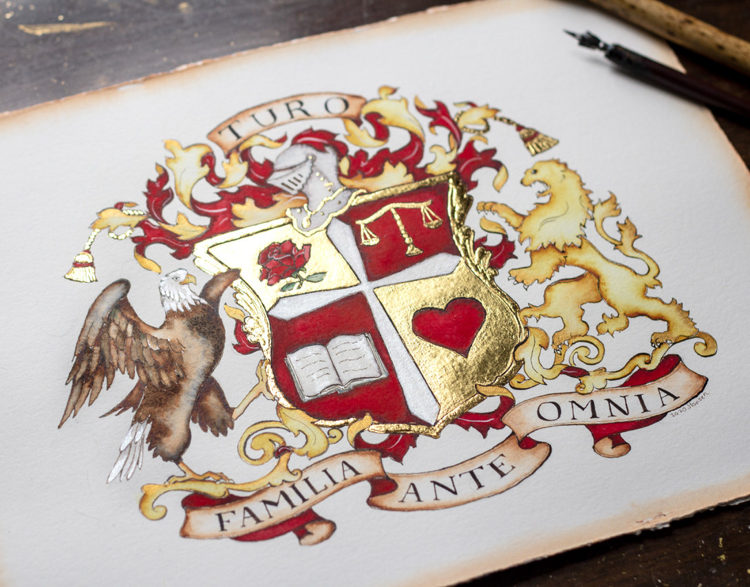 Hand painted family crests by Jamie Hansen