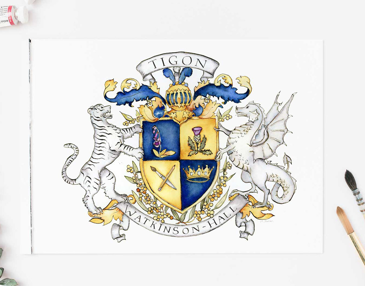 Hand painted family crests by Jamie Hansen