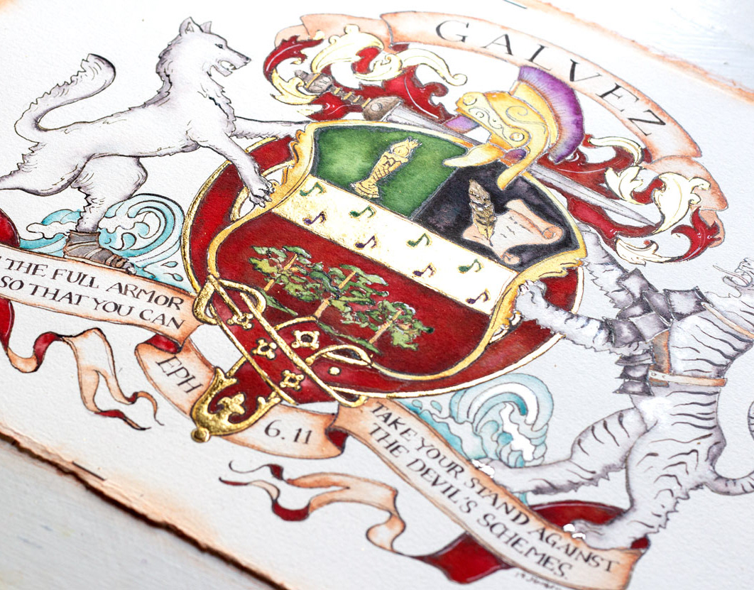Hand painted family crests by Jamie Hansen