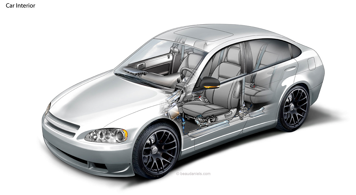 Technical illustration, Beau and Alan Daniels. - Generic cutaway car.