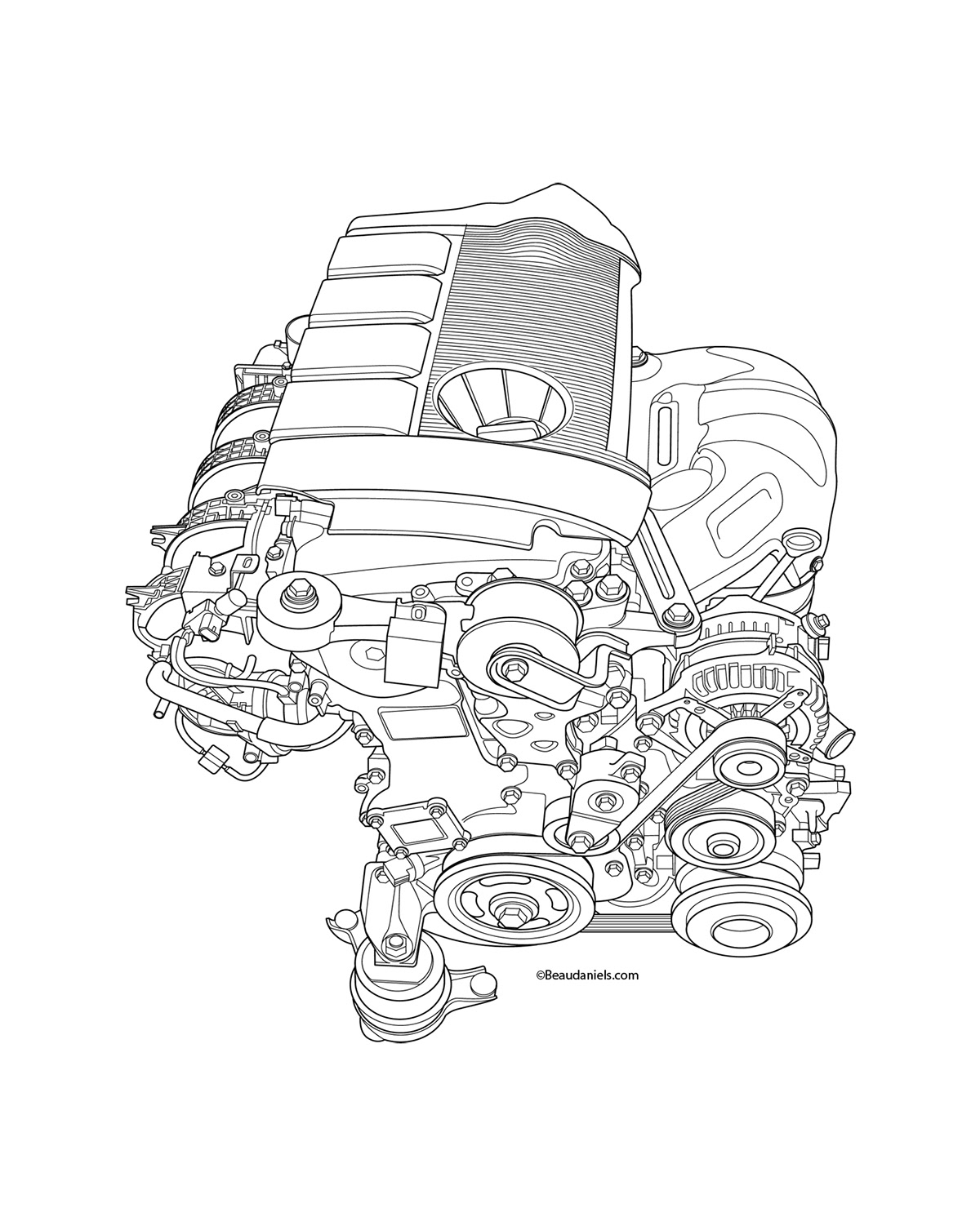 Technical illustration, Beau and Alan Daniels. - Cutaway Automotive Engines